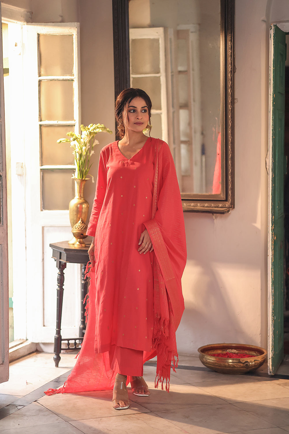 Peach Echo Pure South Cotton Zari Kurta Set With Dupatta