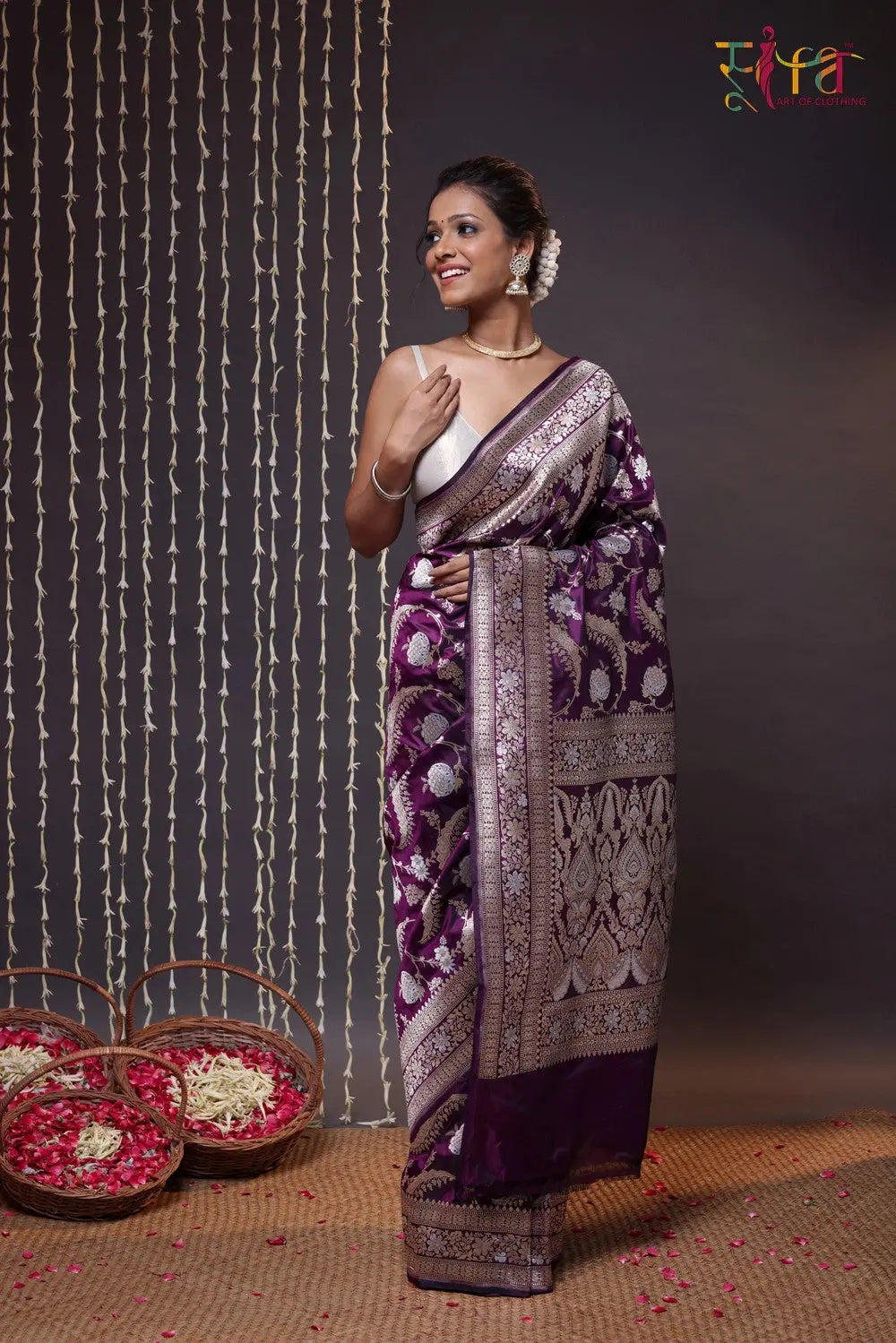 Violet Silk Banarasi Jangla Saree — Rich Tradition & Grace